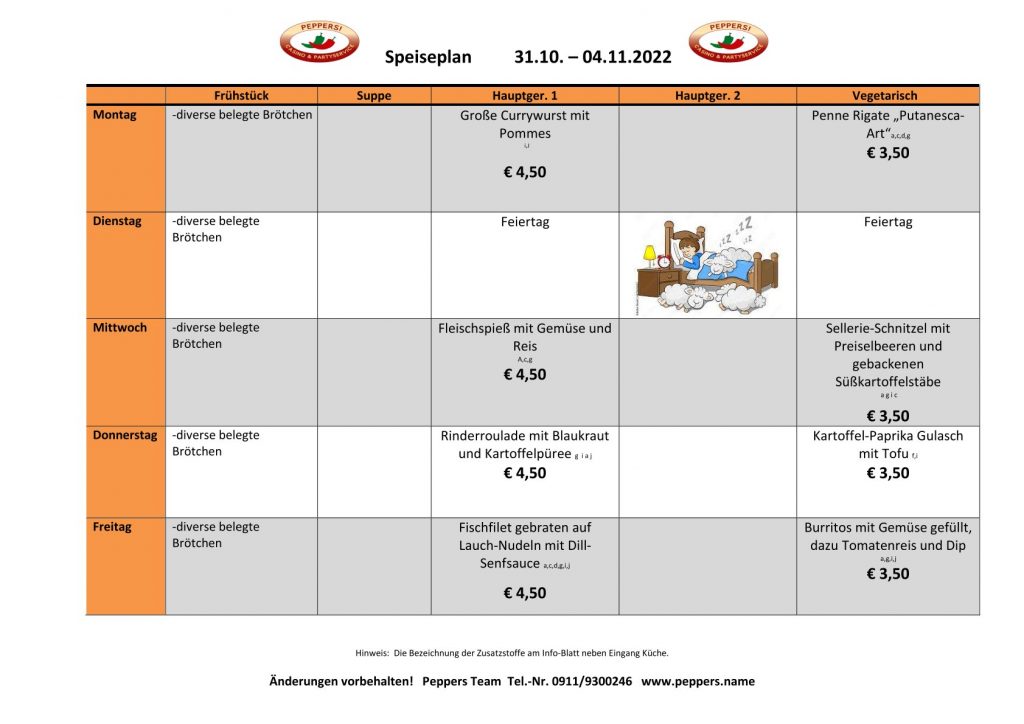 Speiseplan 44, 31.10-04.11.2022. – Peppers!